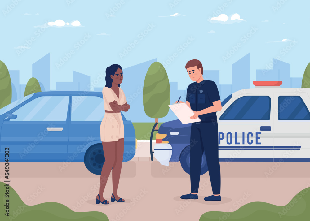 Young angry woman pulled over by police officer flat color vector ...