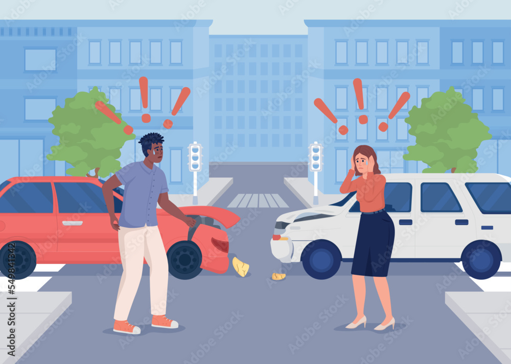 Experiencing psychological shock after car accident flat color vector ...