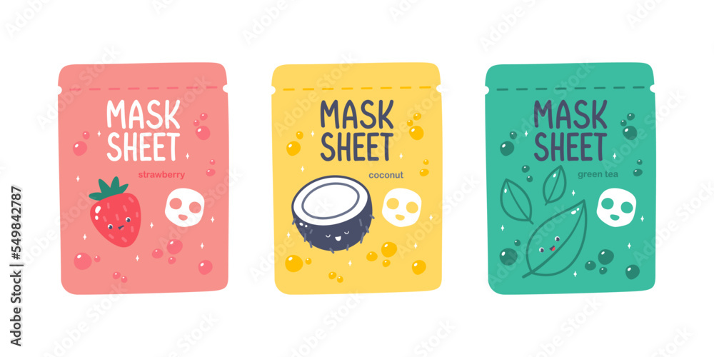 Cute vector face mask sheet packaging design with strawberry, coconut ...