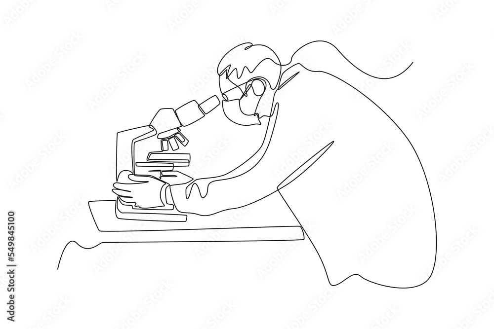 Vetor de One continuous line drawing of scientist use a microscope to ...