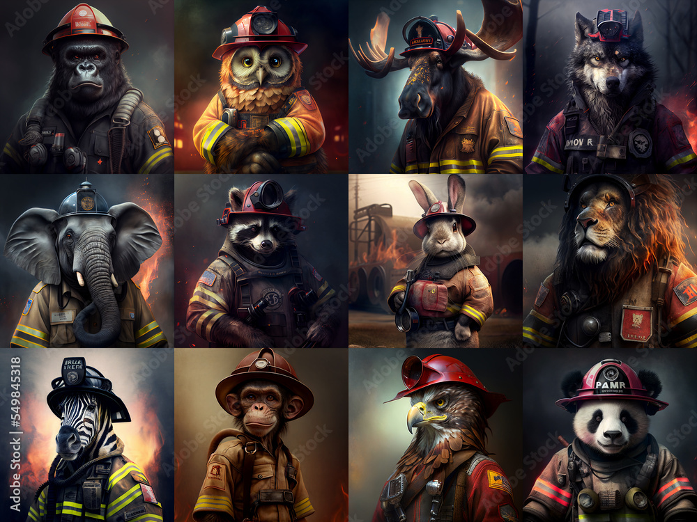 Set of animal firemans portraits. Stunning illustration generated by Ai ...