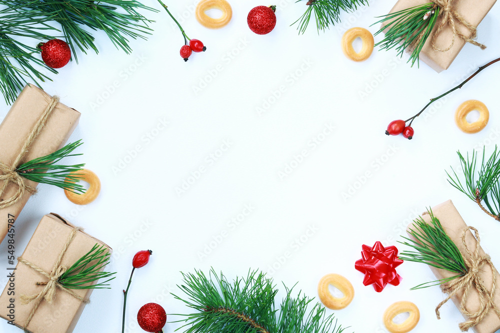 Light New Years background with decorative elements, top view. Gift ...