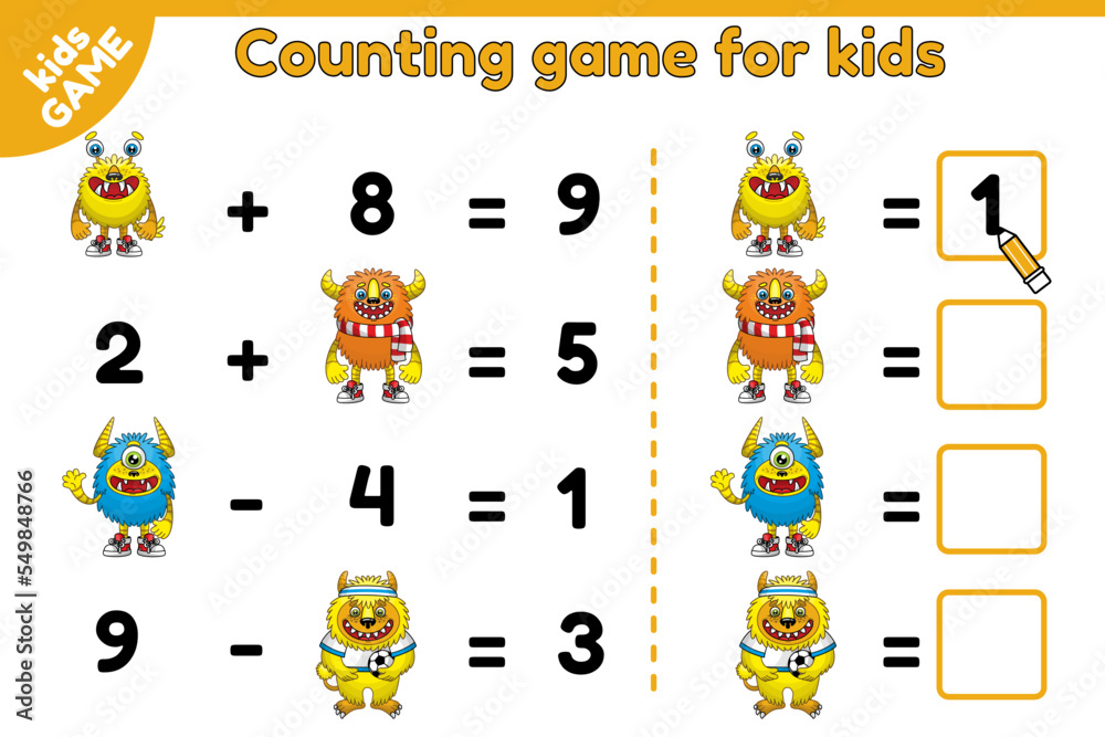 Math game for children. Addition and subtraction. Educational activity ...