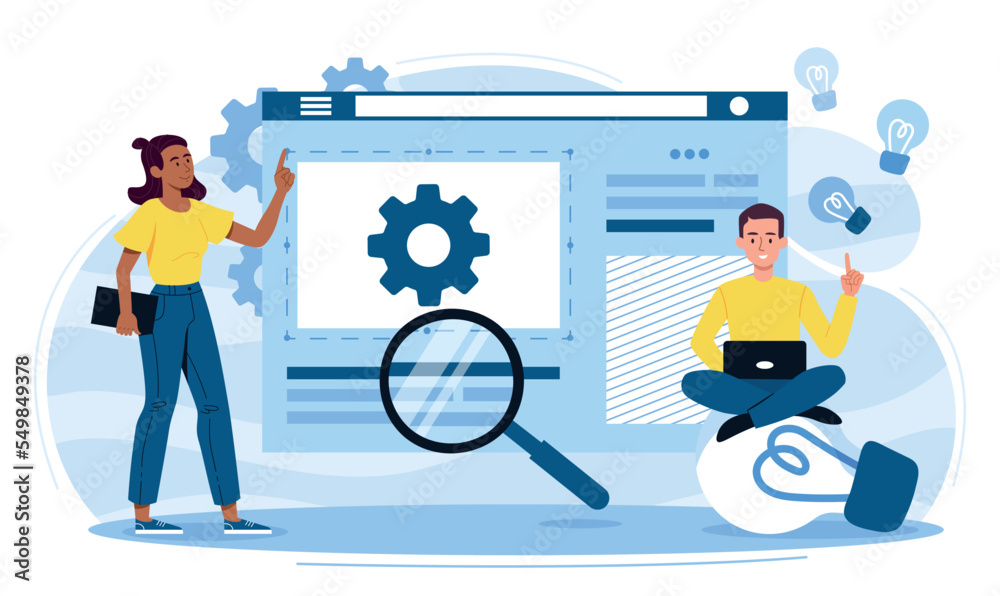 Computer improvement concept. Man and woman fix problems in pc ...