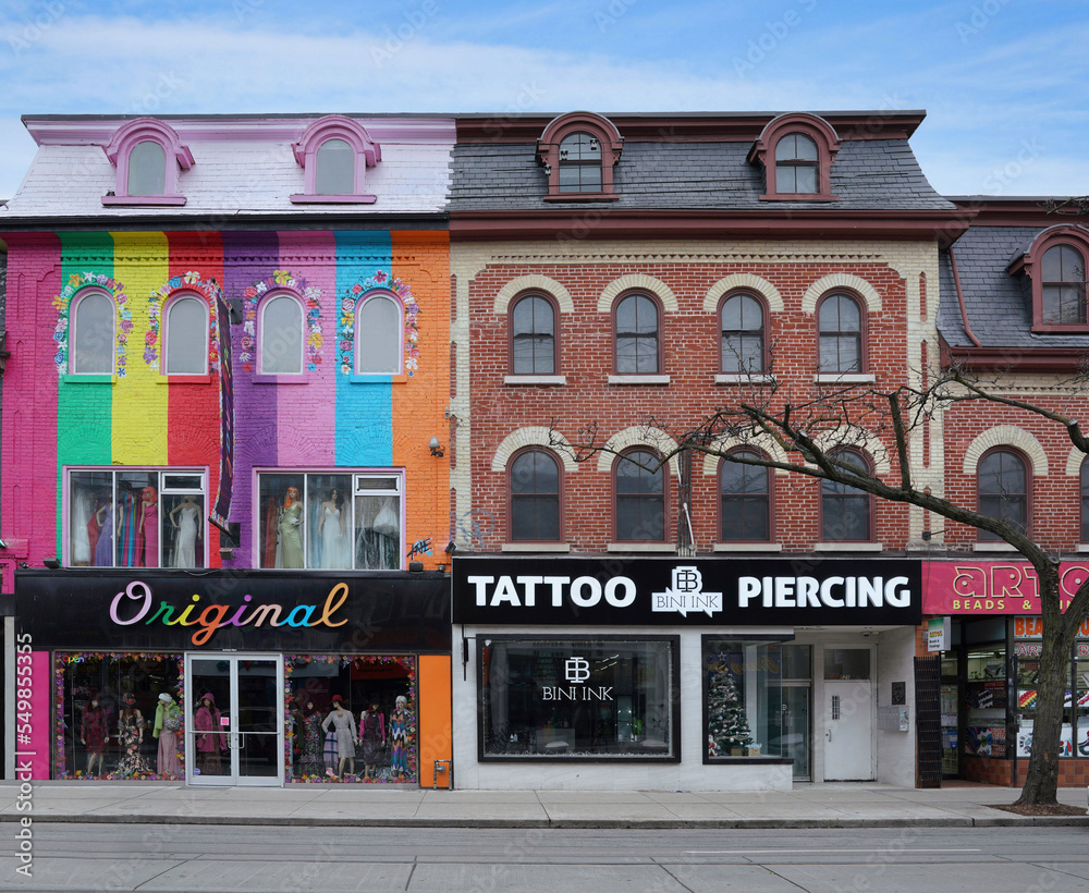 Toronto, Canada - November 2022: Colorful stores on Queen Street West ...