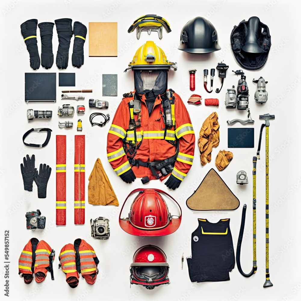 knolling flat-lay picture of firefighter gear with uniform and helmet ...