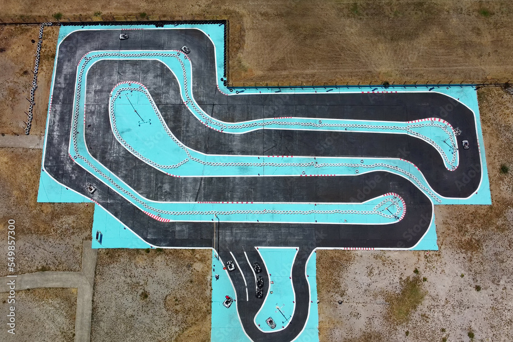Aerial drone view of carting race track. Karting racetrack view above ...