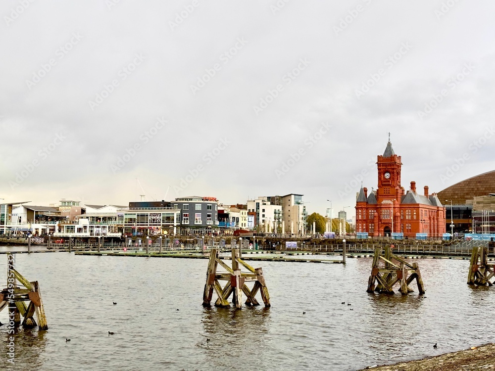 Beautiful scenery of Cardiff Bay under the overcast sky in the United ...