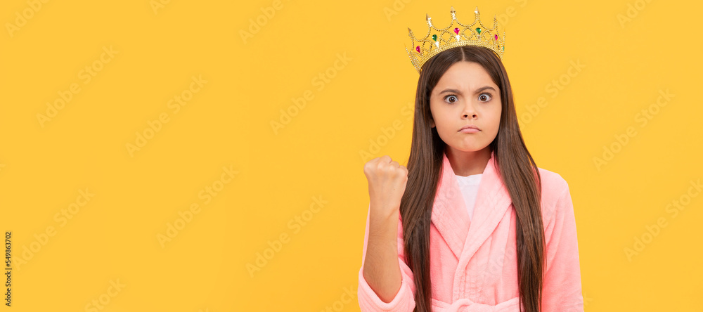 angry selfish teen girl in home terry bathrobe and princess crown ...