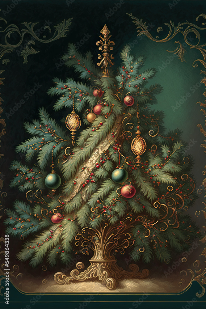 Beautiful elegant victorian christmas tree with a golden base with ...