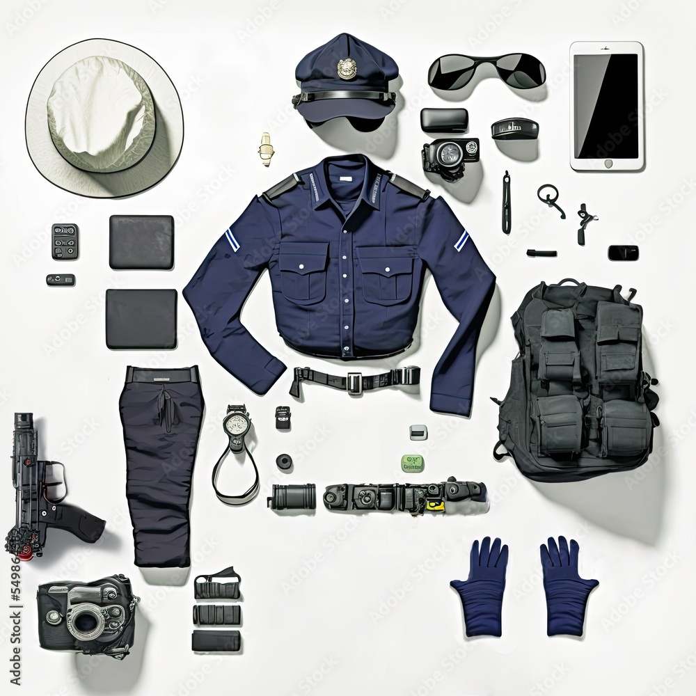 knolling flat-lay picture of policeman gear with uniform and helmet ...