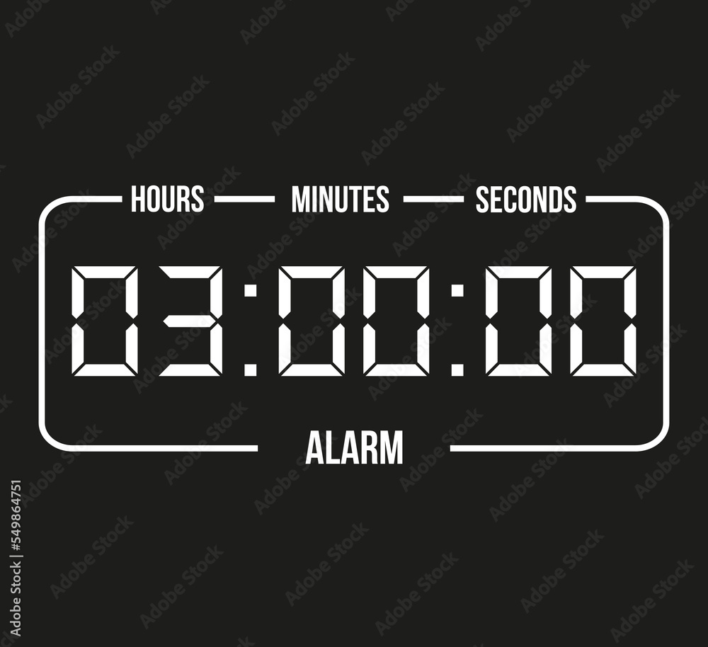 3 hours digital alarm. White and black time counter clock. Banner for ...