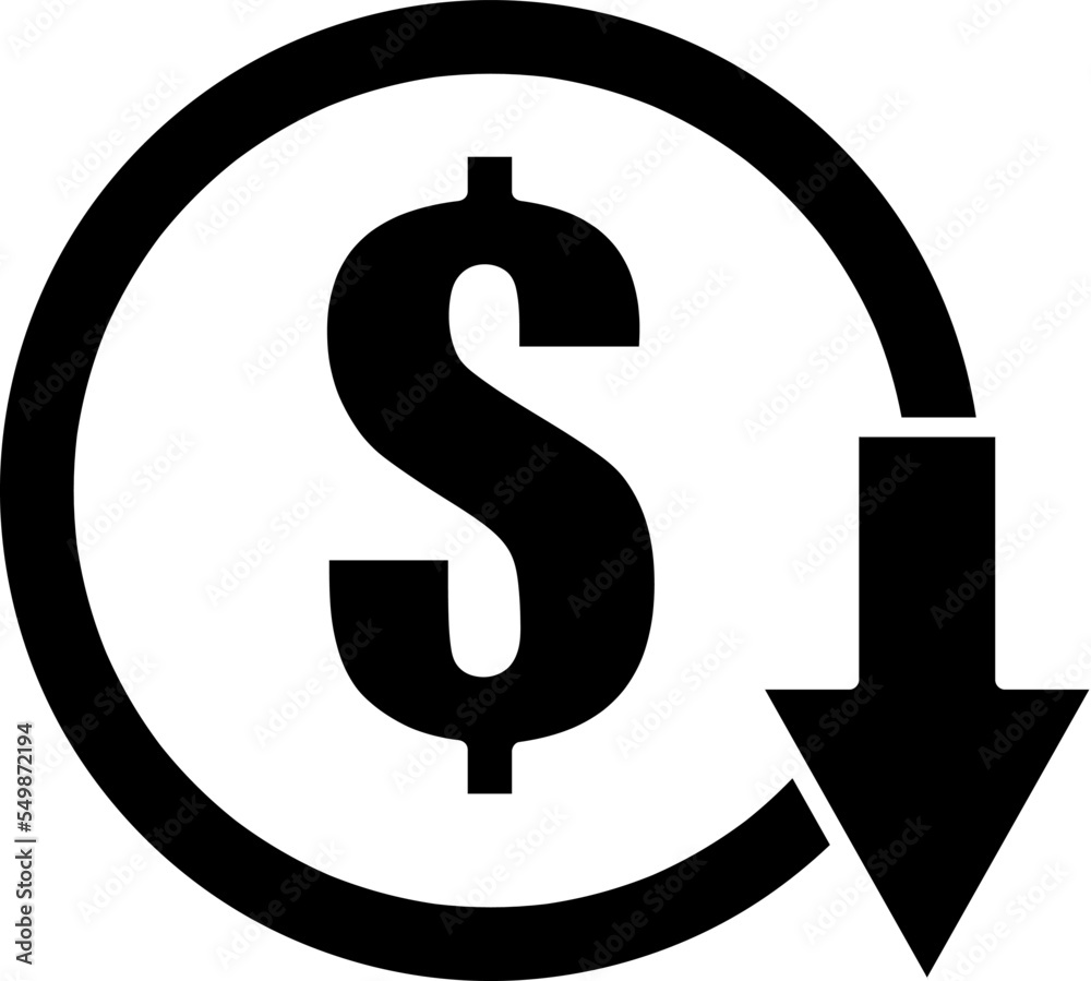 Cost reduction icon. Dollar Down Icon vector. Mail Icon Symbols vector ...