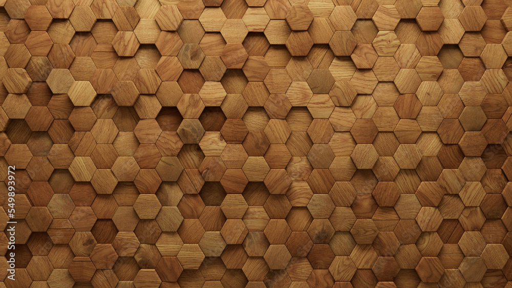 3D, Wood Mosaic Tiles arranged in the shape of a wall. Hexagonal, Soft ...