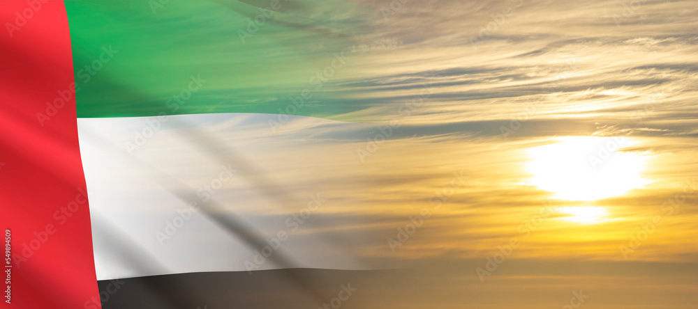 UAE flag on background of cloudy sunset or sunrise Stock Illustration ...