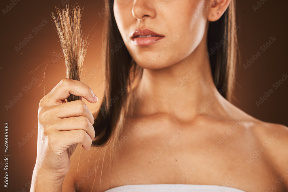 Hair problem, fail and woman stress with damaged hair, split ends or bad haircut. Trichology ...