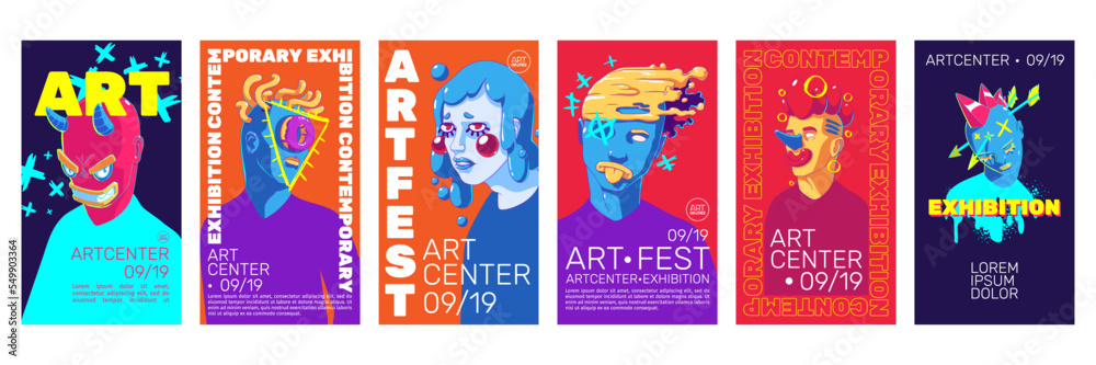 Art exhibition flyers with contemporary portraits, abstract faces ...