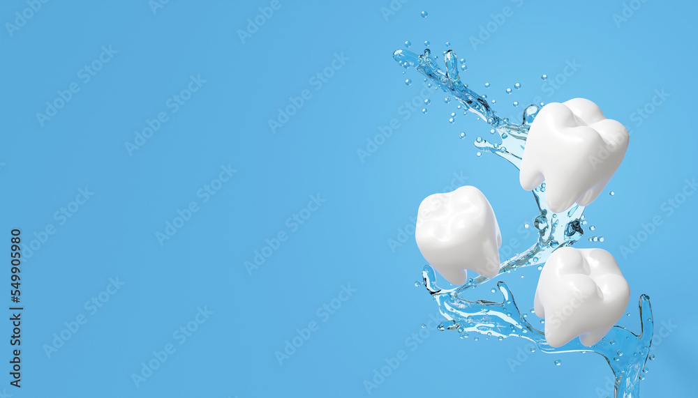 the dental model of a tooth and water splash fluid liquid, 3d render ...