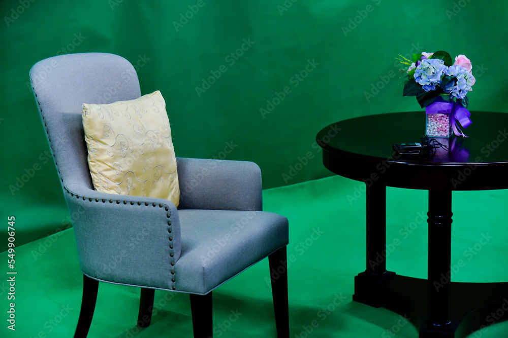 chairs and table with virtual green screen Stock Photo | Adobe Stock
