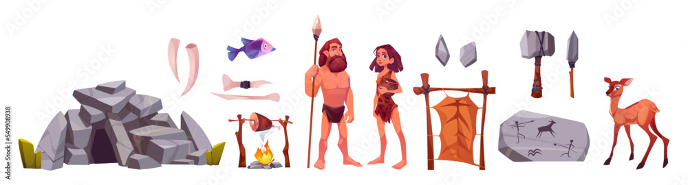 Cave man and woman, prehistoric primitive people in stone age cartoon ...