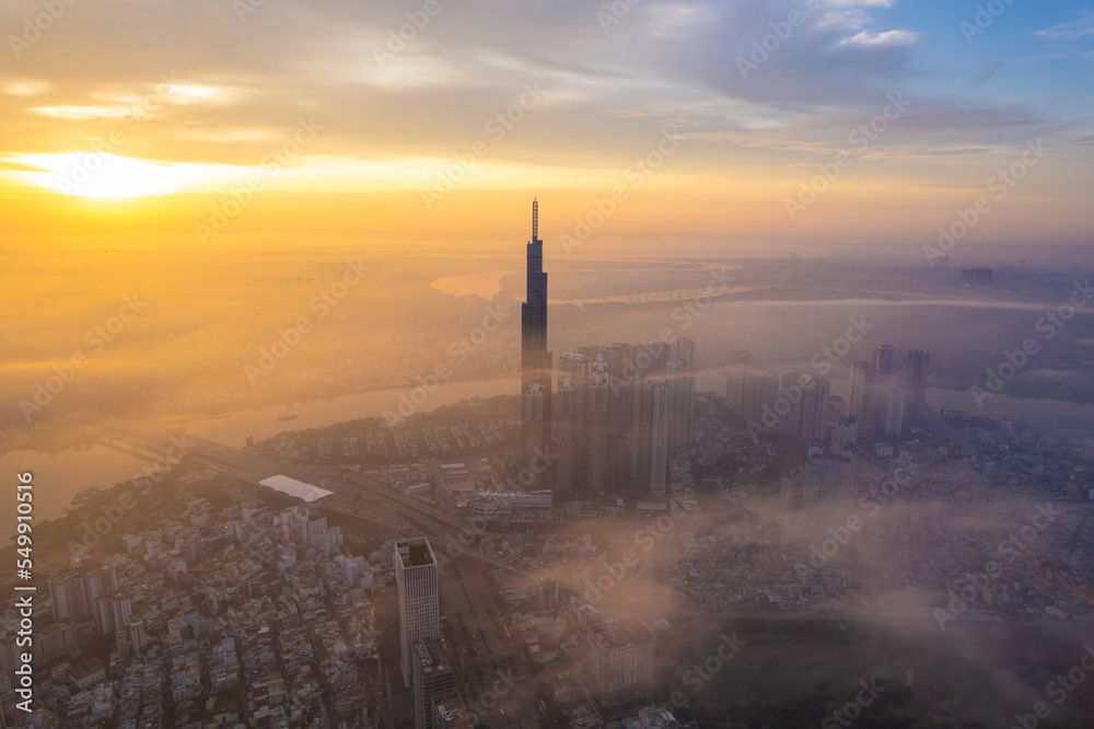 aerial view of Ho Chi Minh City in the morning, Top view aerial photo ...