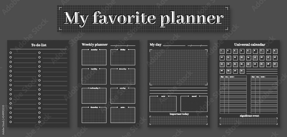 Planner template black page life organizer bw flat set. Business design ...