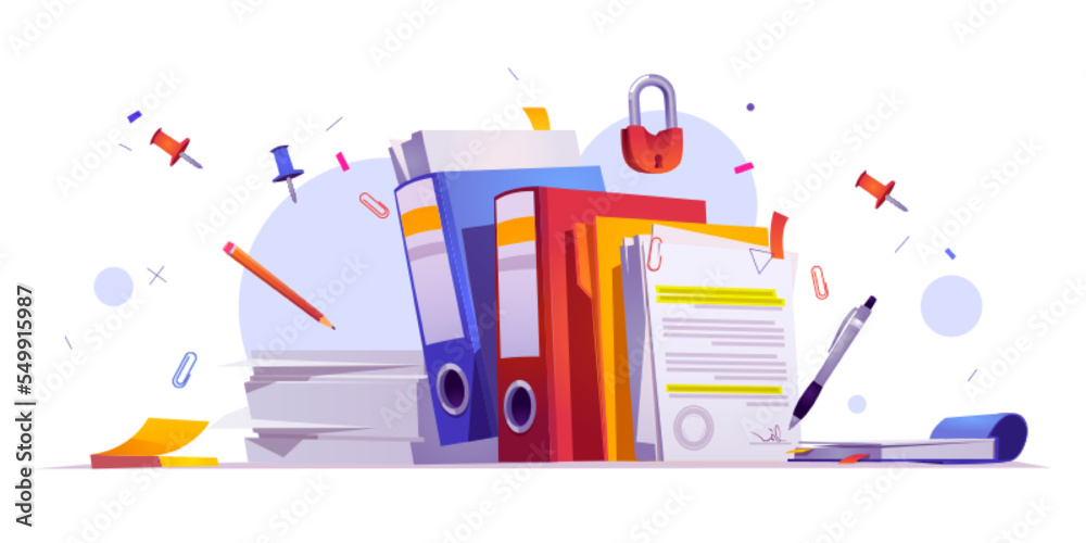 Office stationery and documents on desk, papers, files, folders, pen or ...
