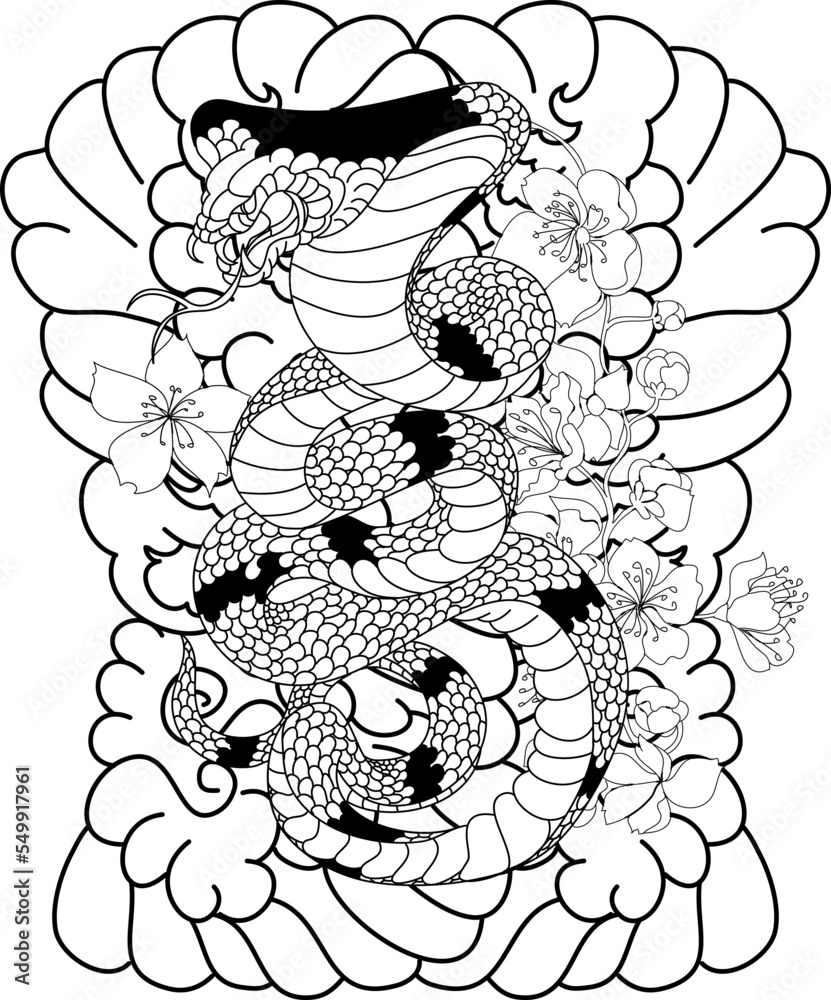 Vetor de Japanese snake with cherry blossom and hibiscus flower tattoo ...