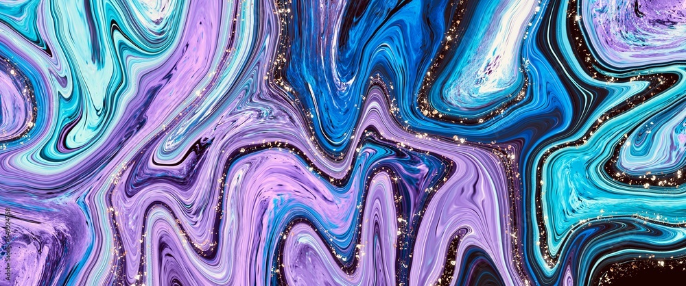 Marble bright neon alcohol ink background with purple and blue curves ...