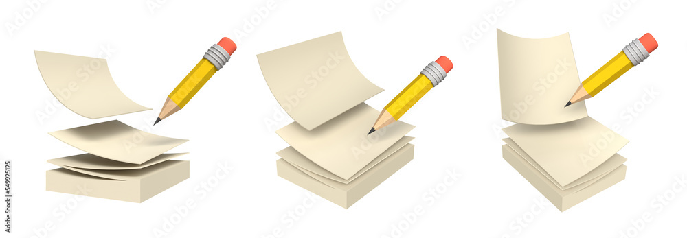 A stack of flying paper and a short yellow pencil taking notes from ...