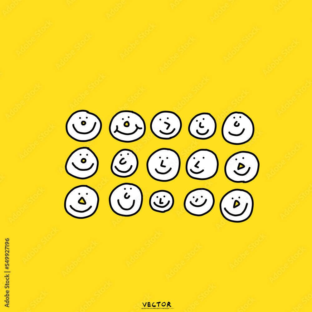 set of smileys, smail, smile, happy emoji, cute in doodle line art ...