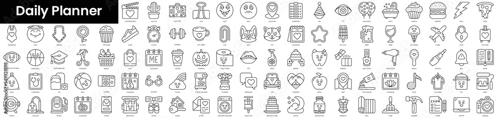 Set of outline daily planner icons. Minimalist thin linear web icon set ...