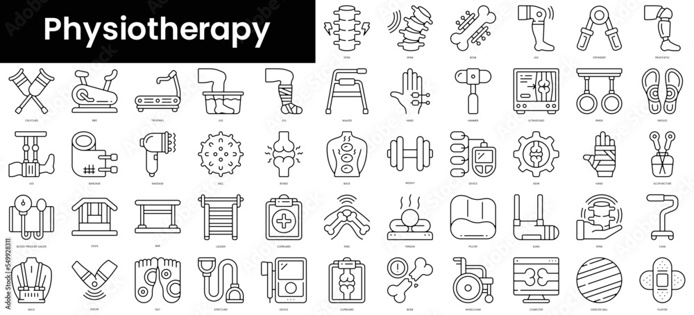 Vetor de Set of outline physiotherapy icons. Minimalist thin linear web ...