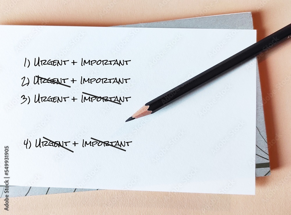 Pencil on note paper with text Urgent+Important, concept of time ...