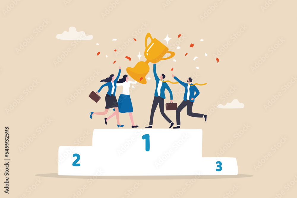 Team success win together, teamwork or collaboration to achieve goal together, group winner or ...