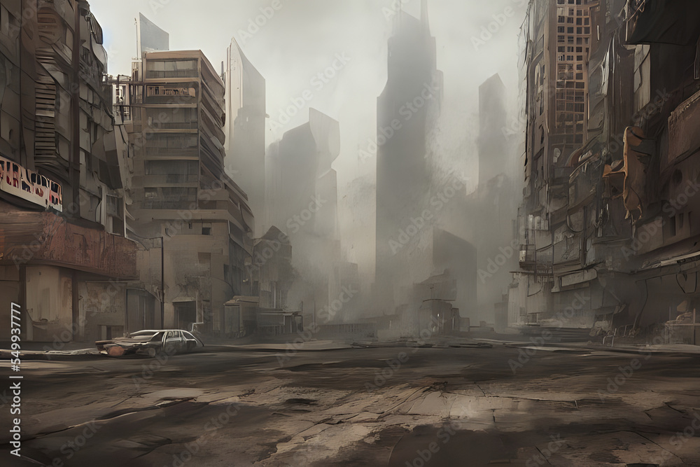The war-torn ruins of a major city street. Digital illustration of post ...