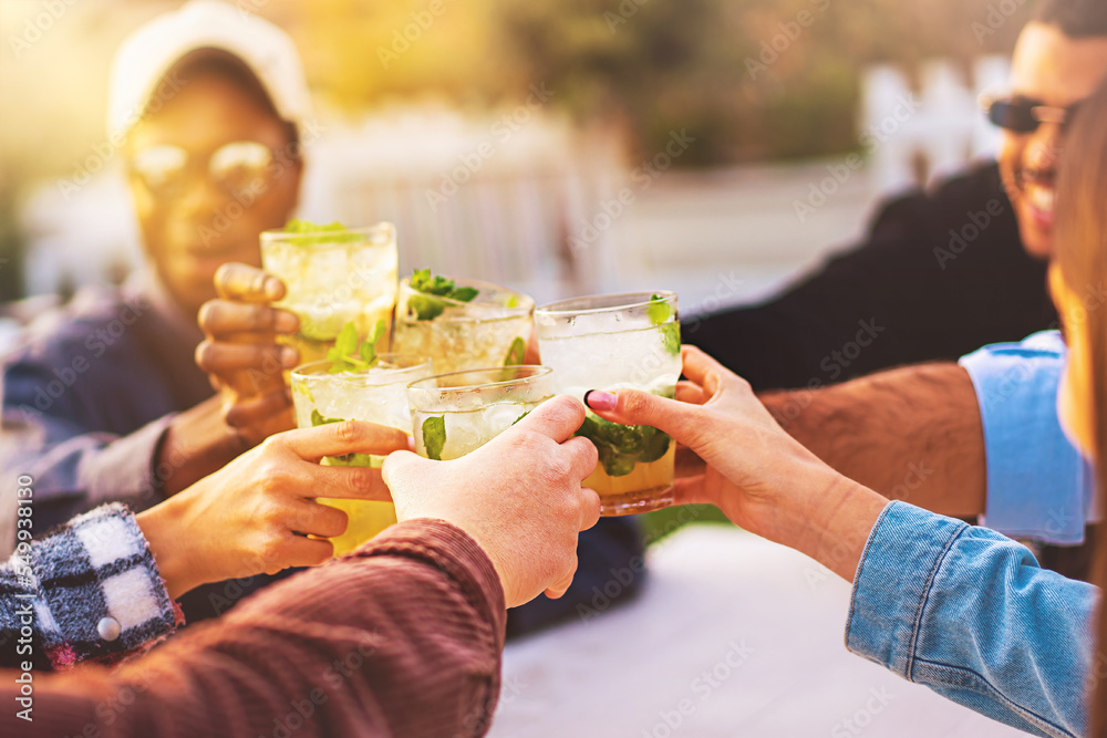 Cheerful friends at happy hour cheering on lounge bar - close up of ...