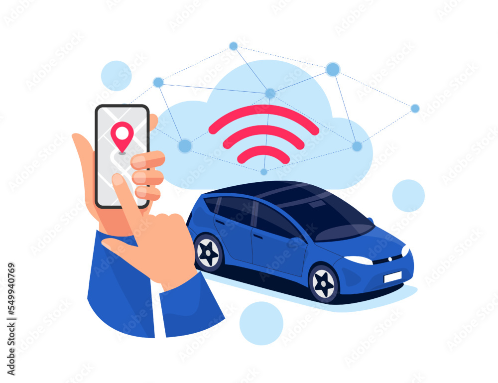 Vector illustration of autonomous online car sharing service controlled ... Vector illustration of autonomous online car sharing service controlled ...