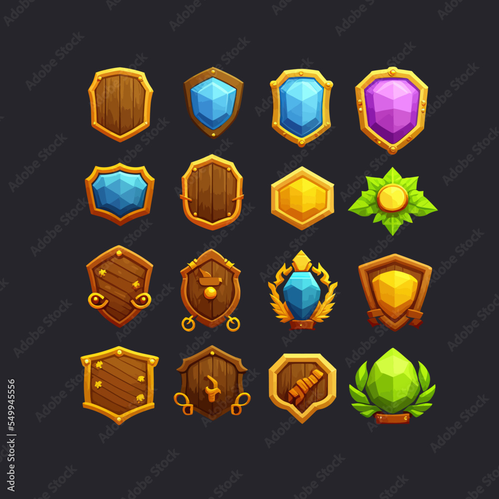 Game avatar frames, level ui icons, wooden shields or banners round ...