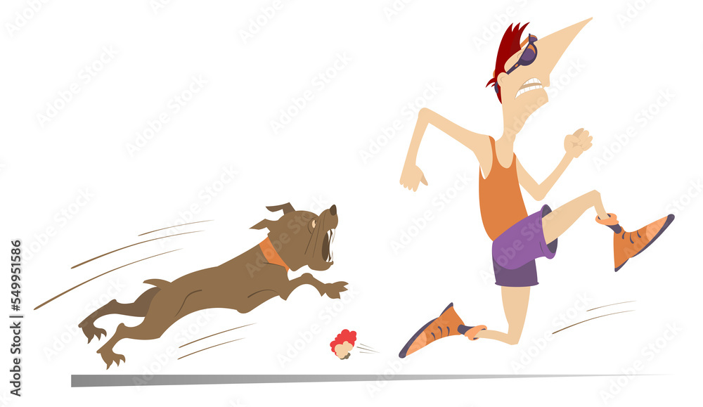 Cartoon running man and angry dog illustration. Frightened sport man ...