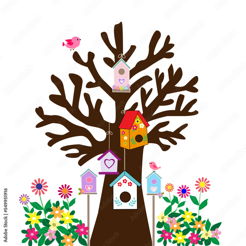 Árbol con nidos y hojas de colores alegres. Stock Vector | Adobe Stock
