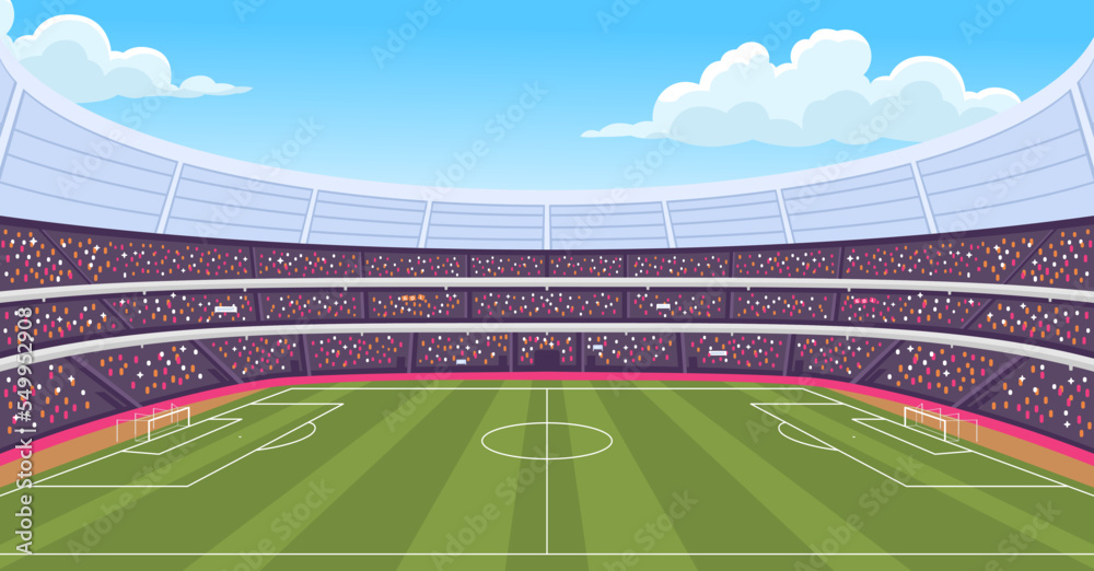 Soccer stadium perspective background with green lawn, blue sky vector ...
