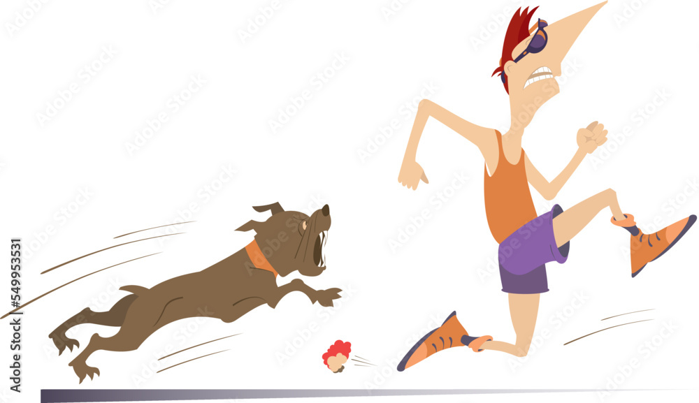 Cartoon running man and angry dog illustration. Frightened sport man ...