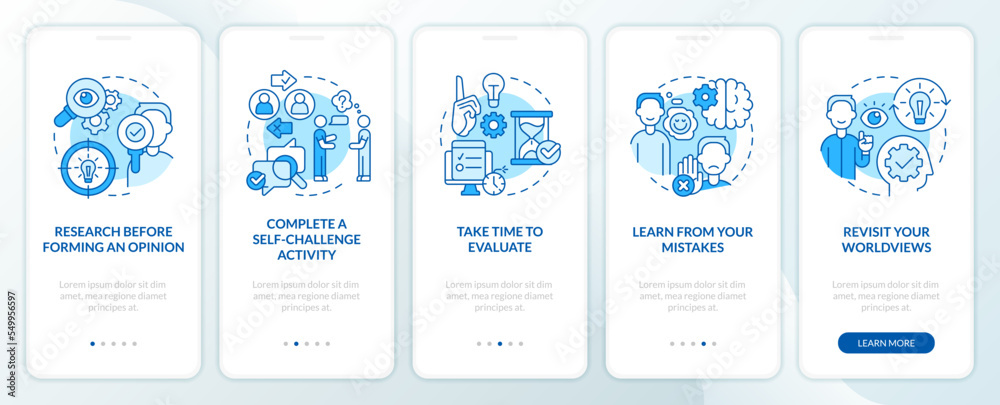 Avoiding Confirmation Bias Tips Blue Onboarding Mobile App Screen Walkthrough 5 Steps Editable