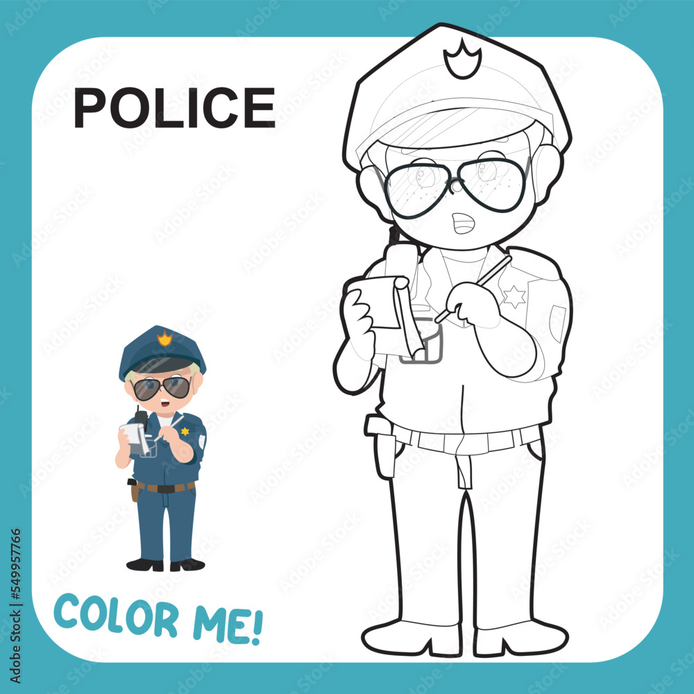 Kids’ dream job theme coloring page for kids. A cute police officer ...