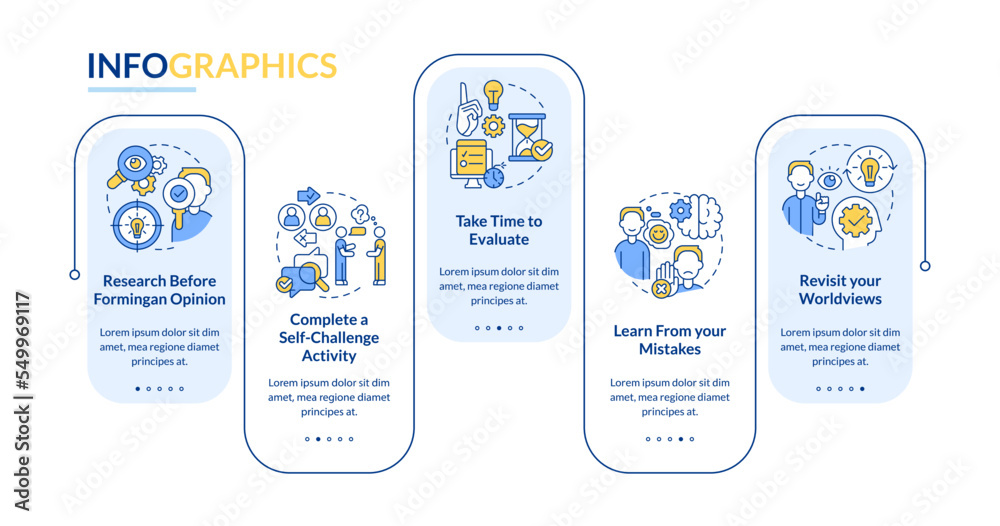 Avoiding confirmation bias tips rectangle infographic template. Data ...