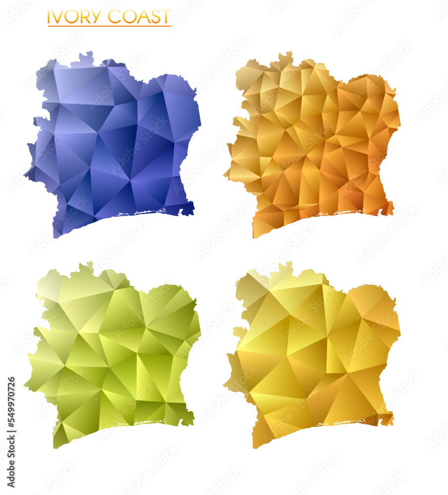 Set of vector polygonal maps of Ivory Coast. Bright gradient map of ...