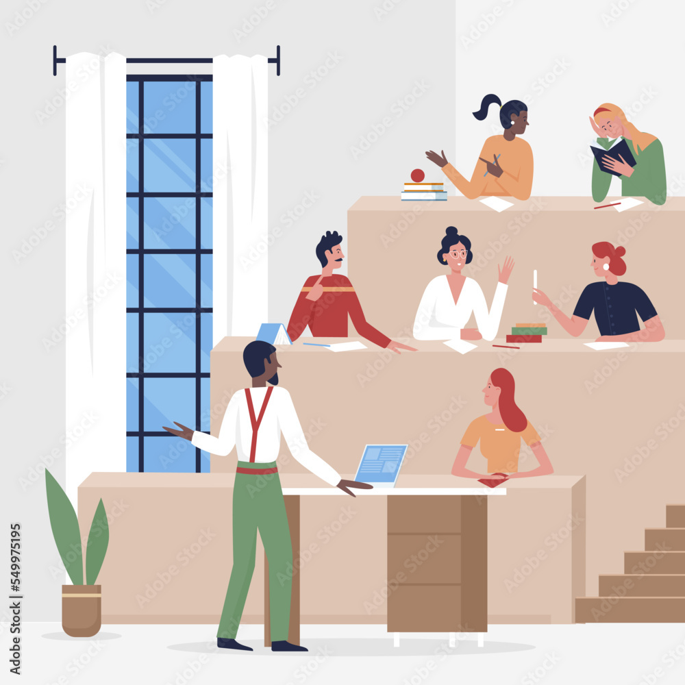 University professor communication with students in college lecture hall conference auditorium ...