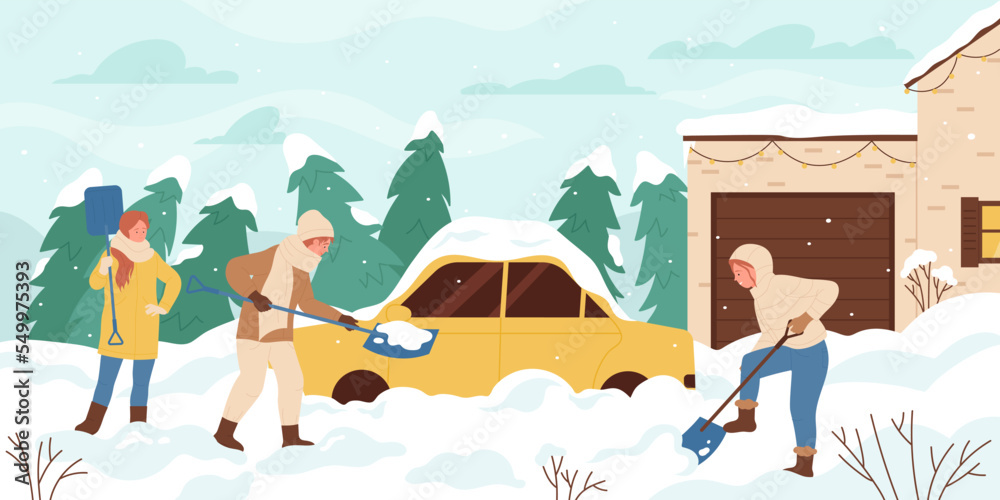 Snow removal in winter snowstorm and cold weather vector illustration ...