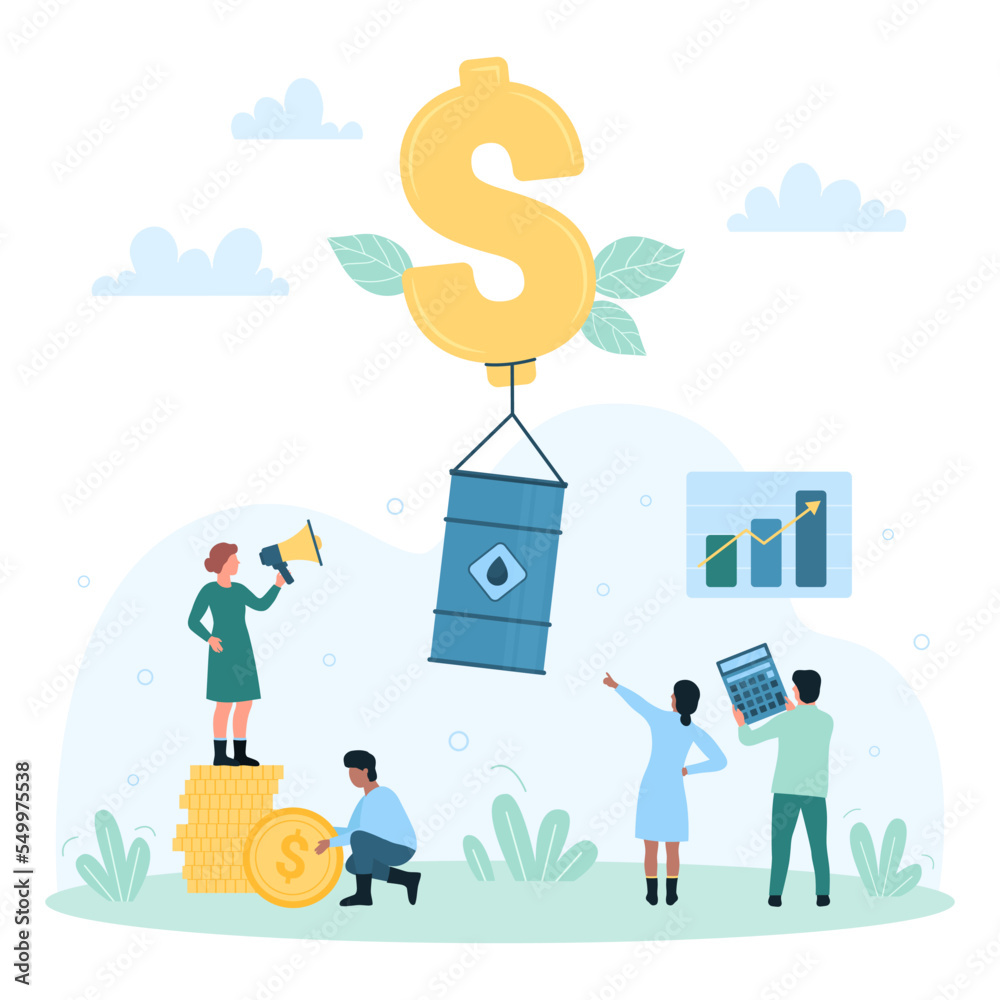 Oil price growth vector illustration. Cartoon tiny people standing on ...